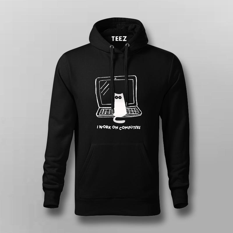 I Work On Computers funny cat Hoodies For Men Online India - TEEZ.in